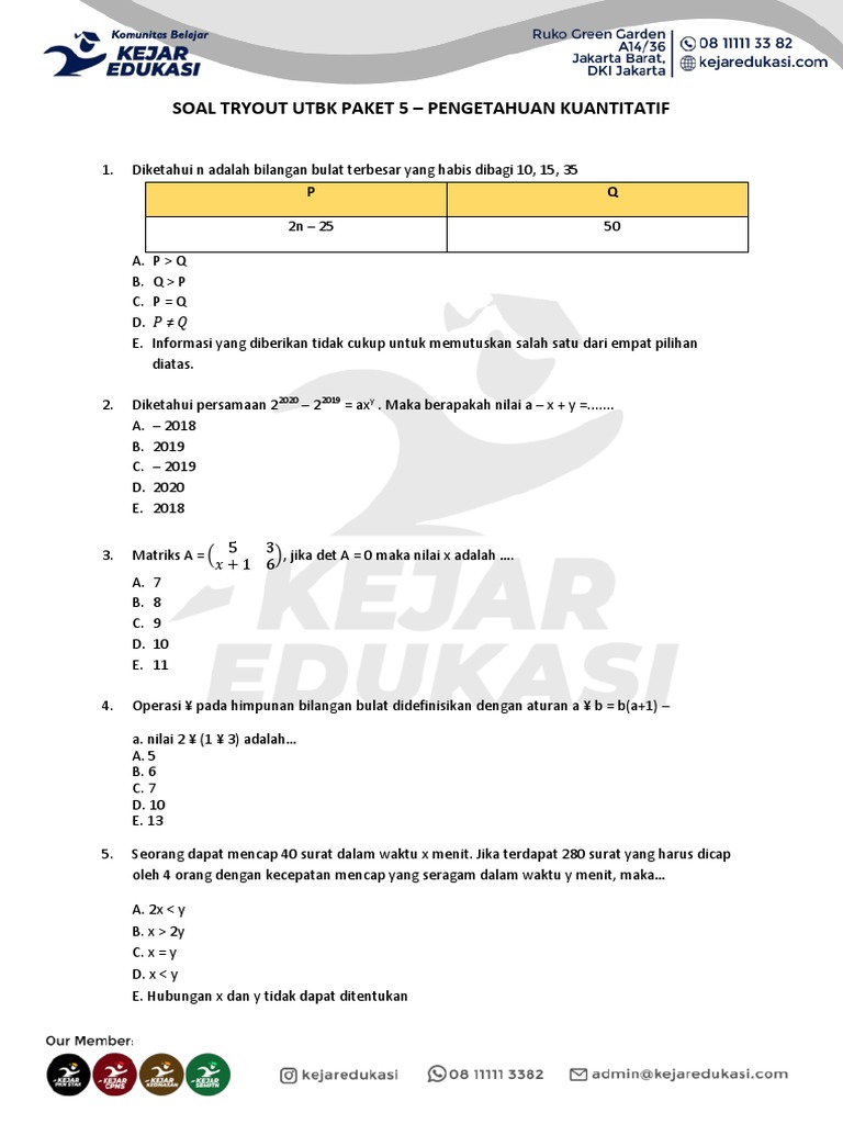 Soal Tryout Utbk Paket 5 - Pengetahuan Kuantitatif.. | PDF