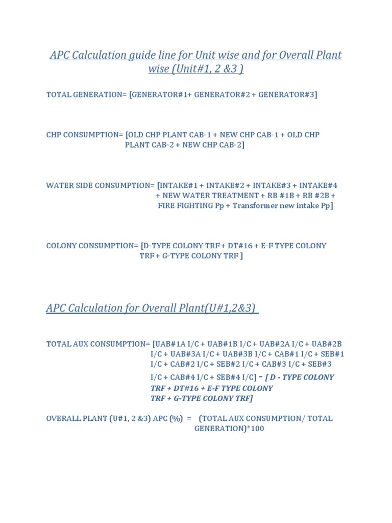 APC Calculation Guide Line For Unit Wise and For Overall Plant Wise ...