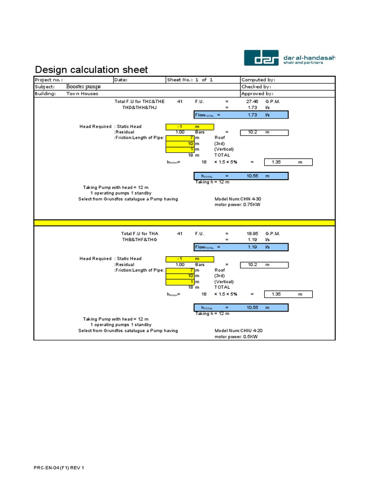 Design Calculation Sheet: Booster Pumps | PDF | Gases | Liquids