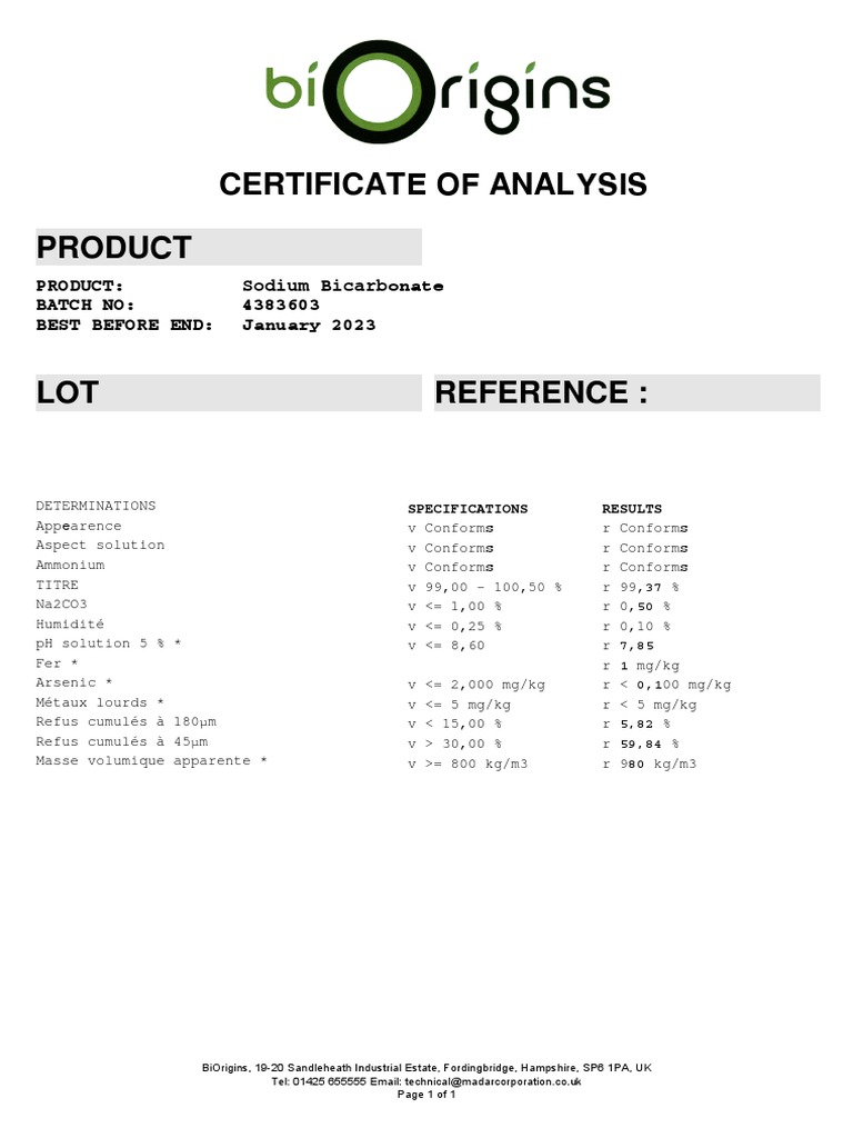 Sodium Bicarbonate (Food Grade) - CoA | PDF | Dangerous Goods | Sodium ...