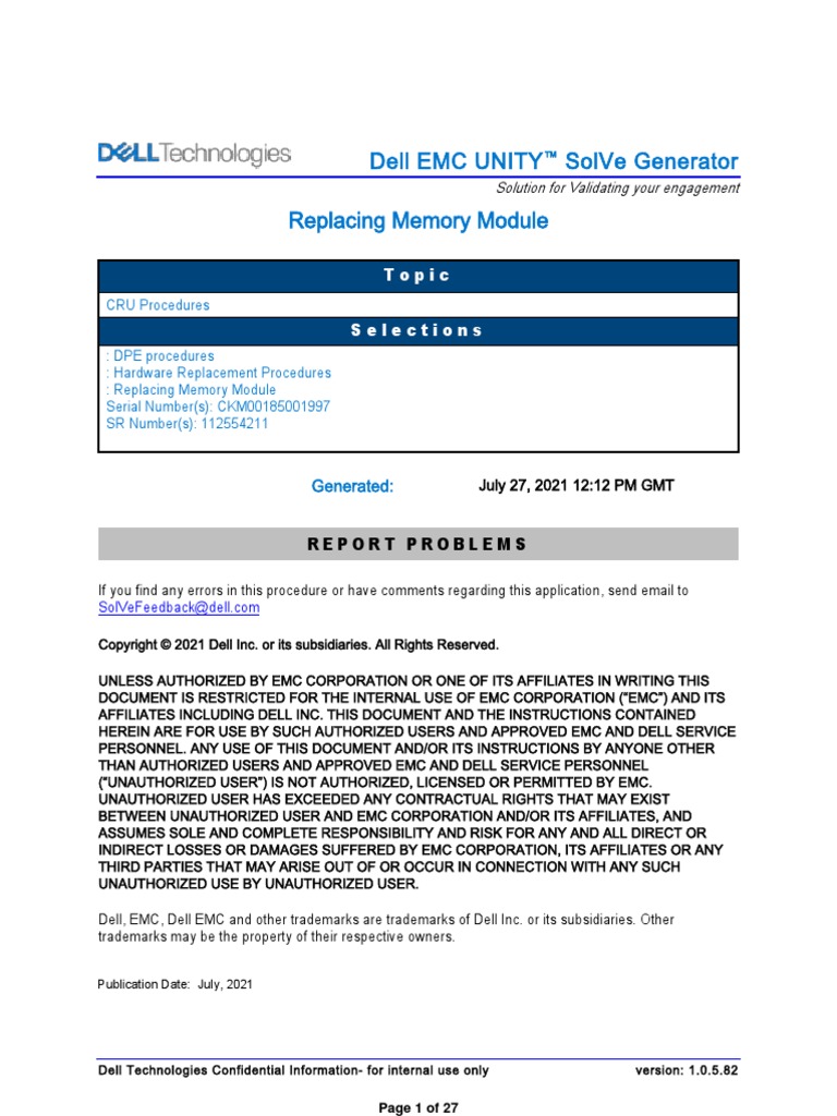 Dell EMC Unity - CRU Procedures-Replacing Memory Module | PDF ...