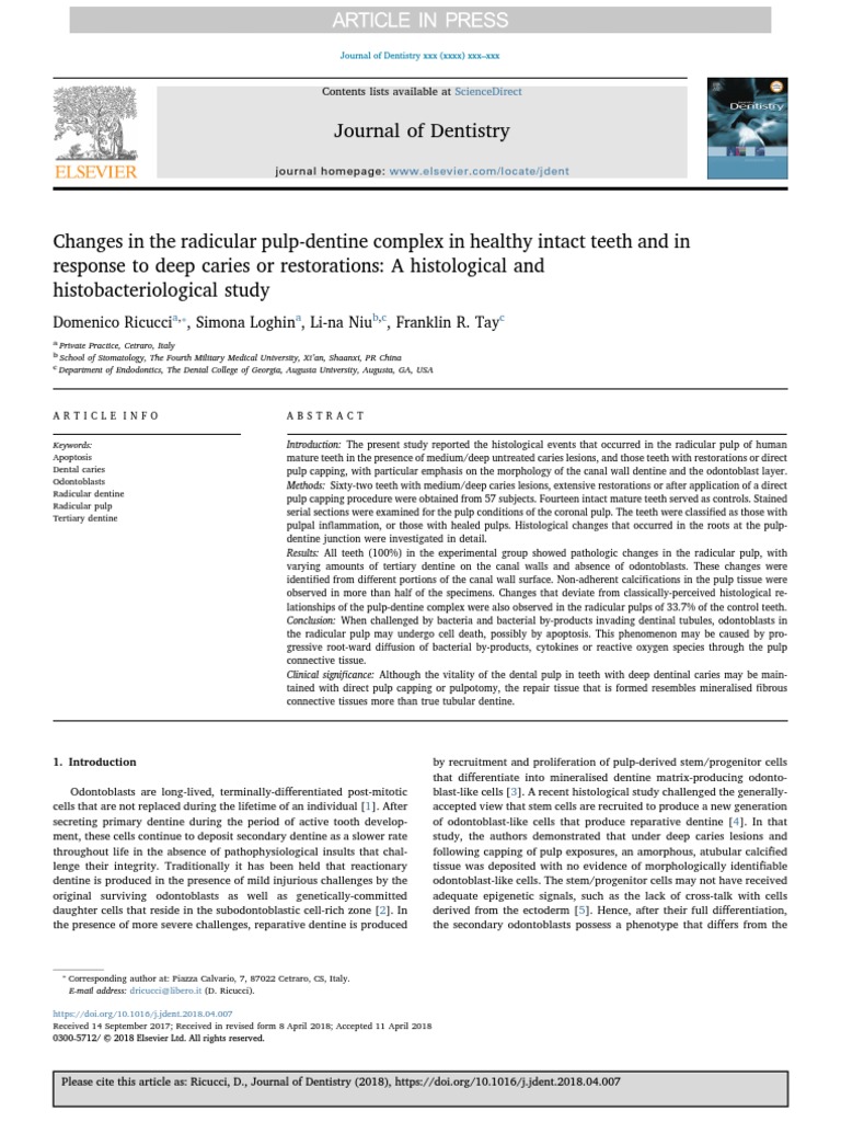 Journal of Dentistry: Domenico Ricucci, Simona Loghin, Li-Na Niu ...