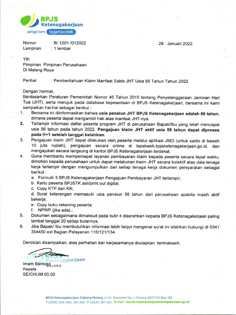 Surat Pemberitahuan JHT Jatuh Tempo Tahun 2022 | PDF