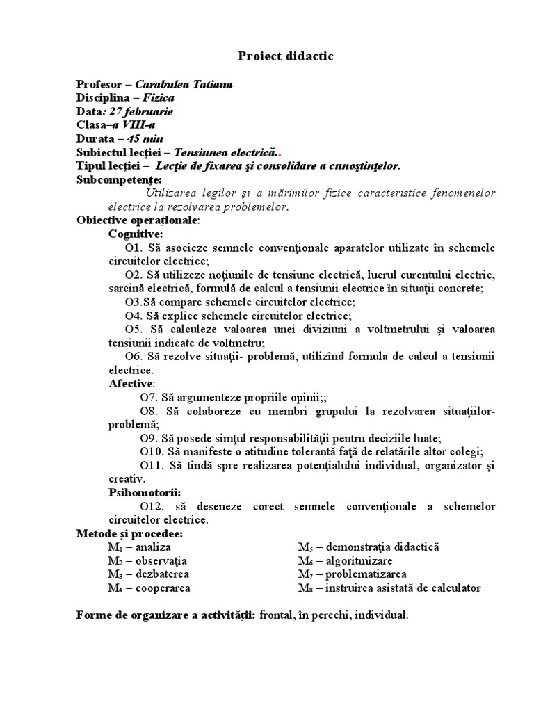 Tensiunea Electrica Proiect Didactic | PDF
