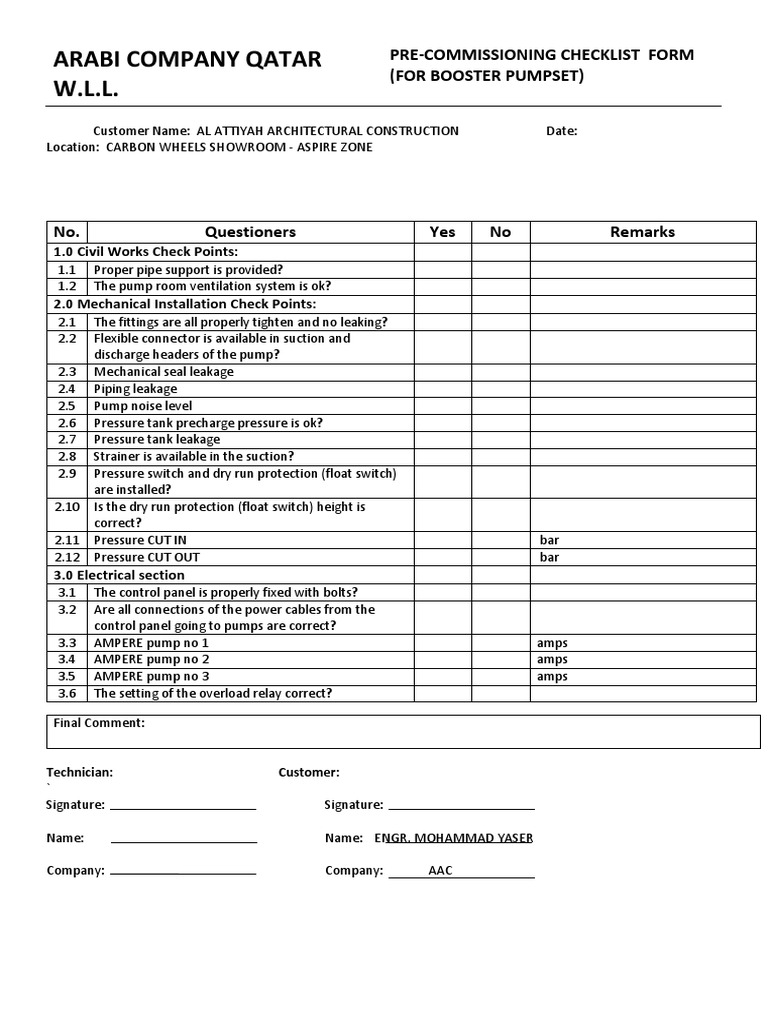 Booster Pumpset Pre-Commissioning Checklist | PDF | Computers