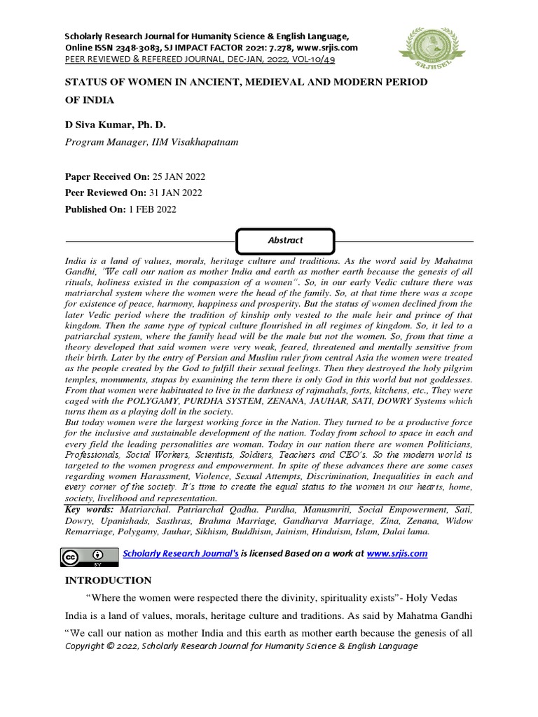 Status of Women in Ancient, Medieval and Modern Period of India | PDF ...