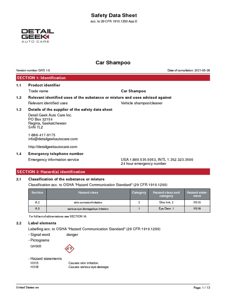 SDS Car Shampoo US en | PDF | Dangerous Goods | Toxicity