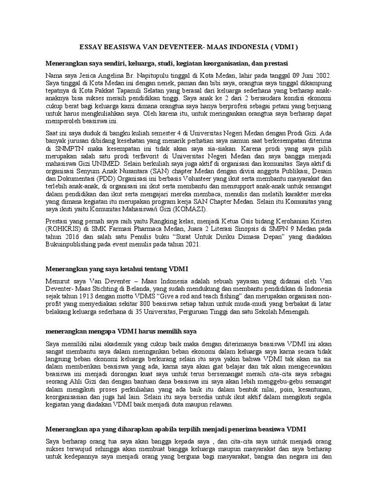 Essay Beasiswa VDMI Jesica Angelina | PDF
