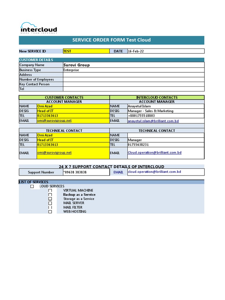 Test Cloud Service Order Form BaaS | PDF | Cloud Computing | Backup