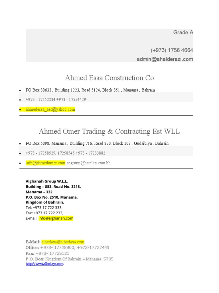 Ahmed Essa Construction Co: Grade A (+973) 1756 4664 | PDF | Bahrain ...