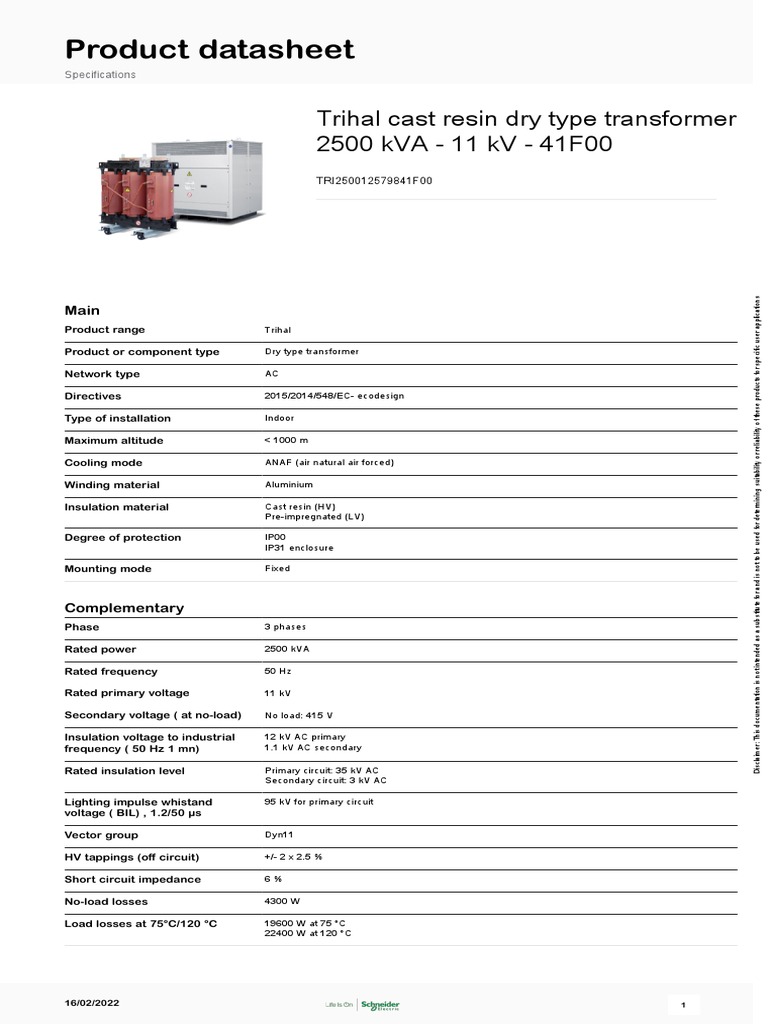 Product Datasheet: Trihal Cast Resin Dry Type Transformer 2500 kVA - 11 ...