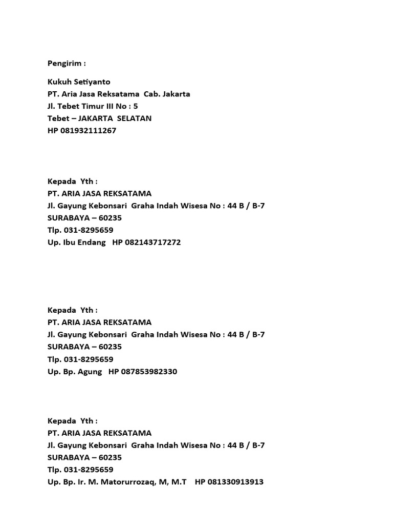 Alamat Pengirim & Penerima | PDF