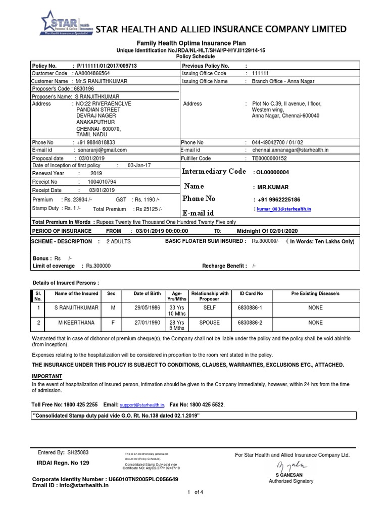 Intermediary Code Name Phone No E-Mail Id: Family Health Optima ...