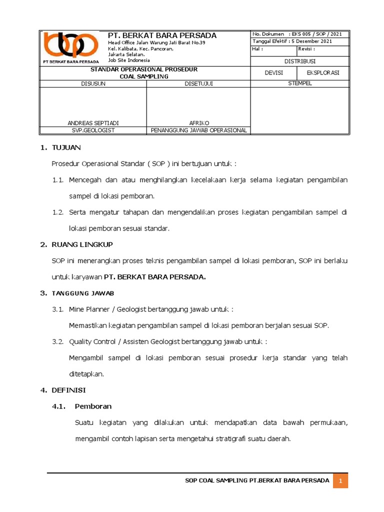 Sop Coal Sampling | PDF