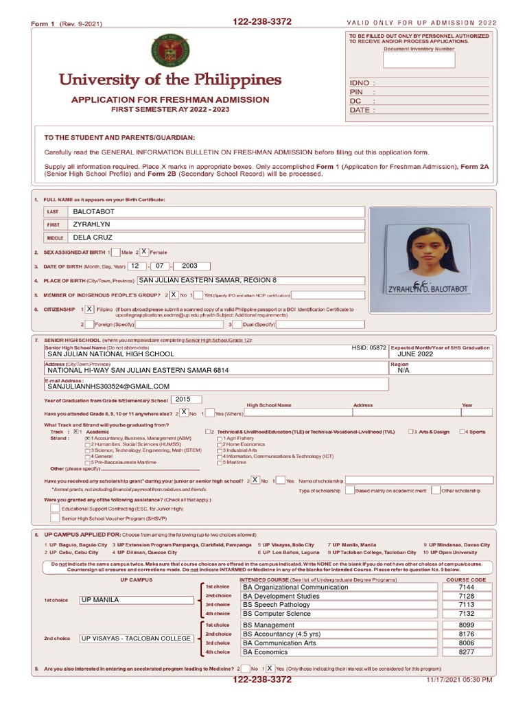 UP College Admissions 2022 FORM1 1222383372 | PDF | Vocational ...