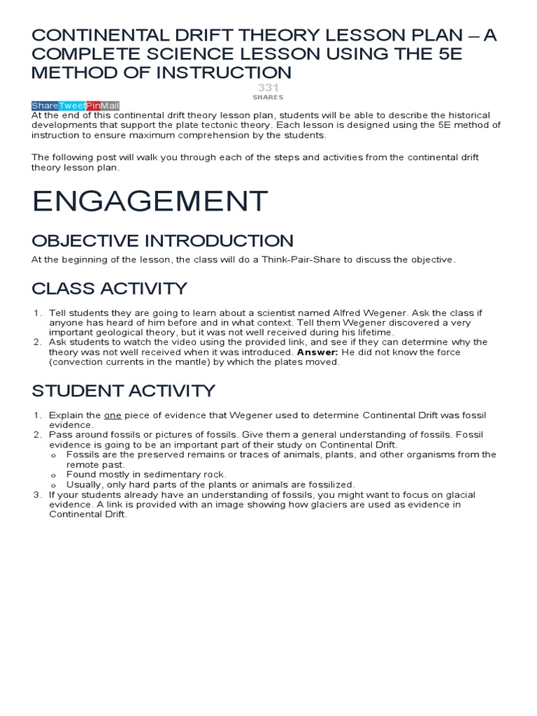 CONTINENTAL DRIFT THEORY LESSON PLAN - With 5E | PDF | Plate Tectonics ...