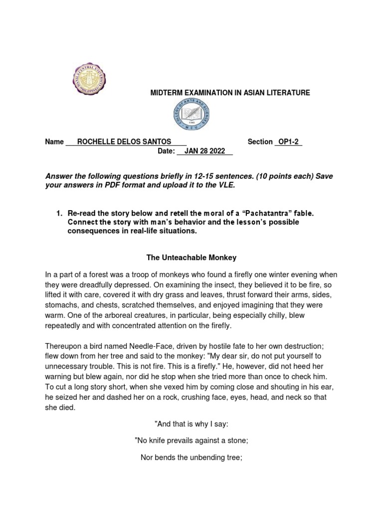 DELOS SANTOS ROCHELLE 2022 Midterm EXAMINATION IN ASIAN LITERATURE | PDF | Knowledge | Idea