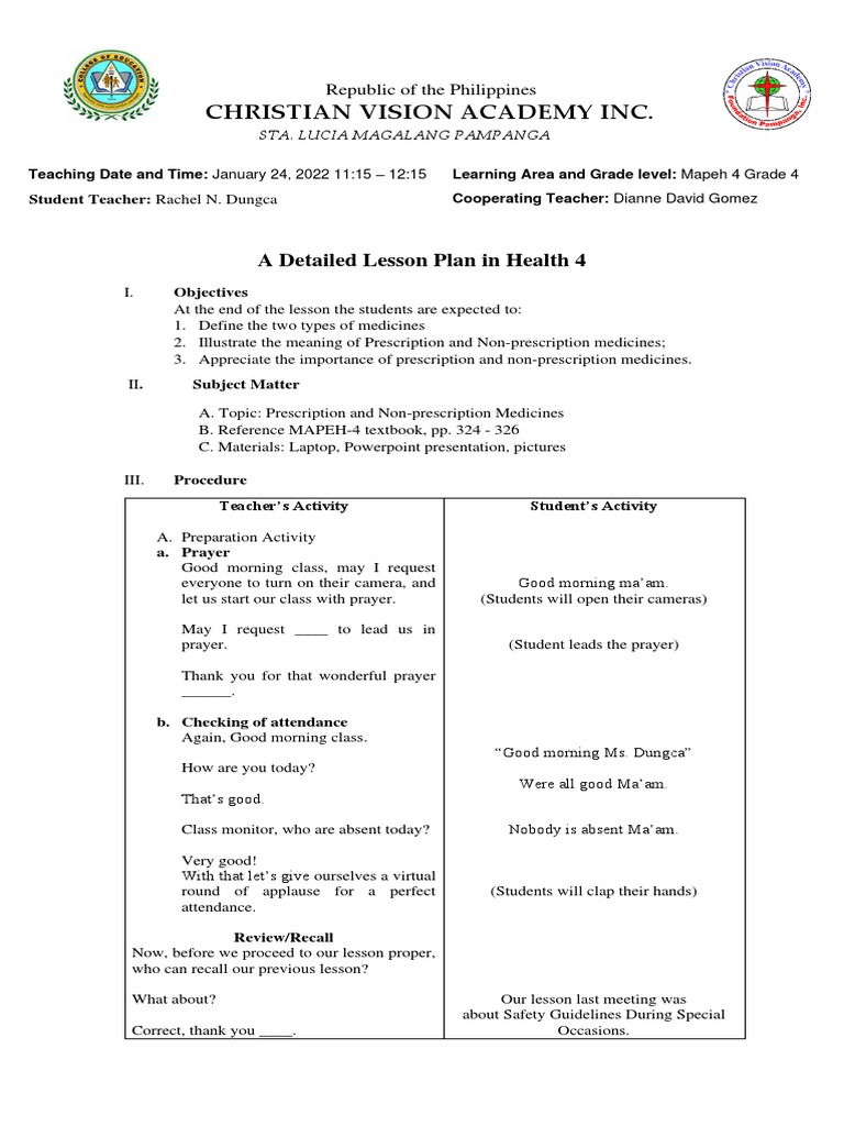 Christian Vision Academy Inc.: A Detailed Lesson Plan in Health 4 | PDF ...
