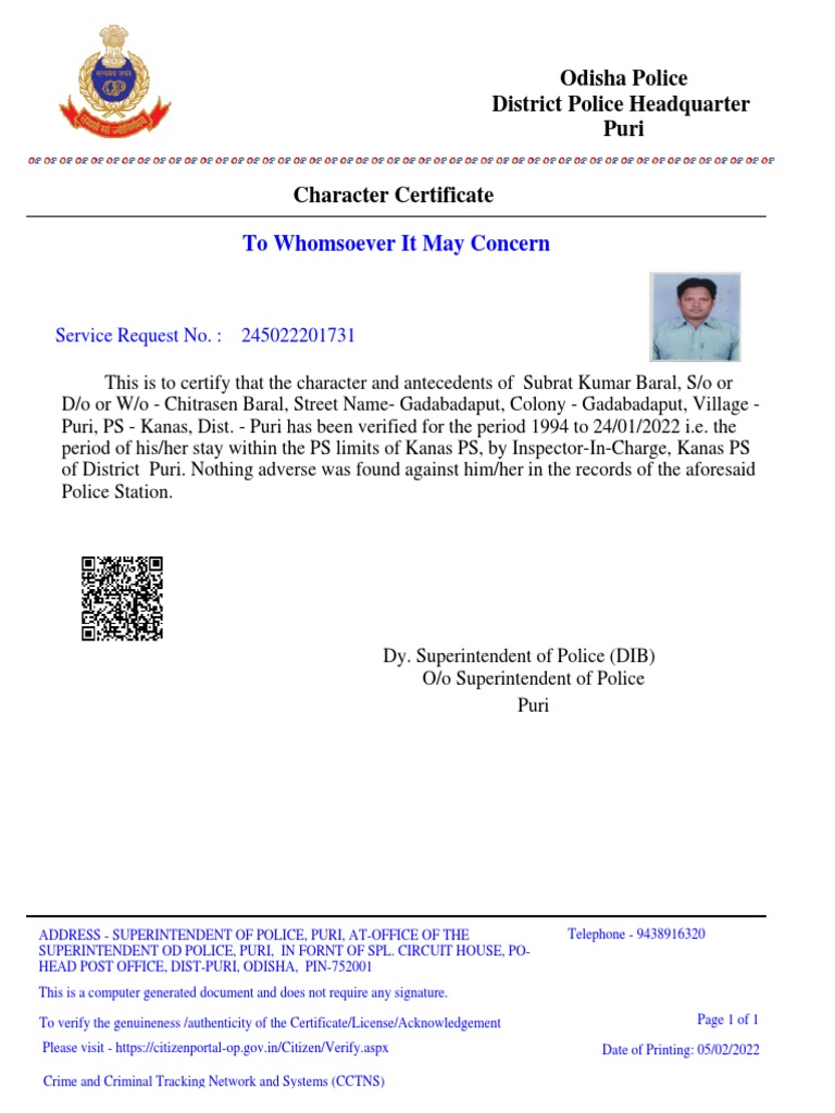 Odisha Police Character Certificate | PDF