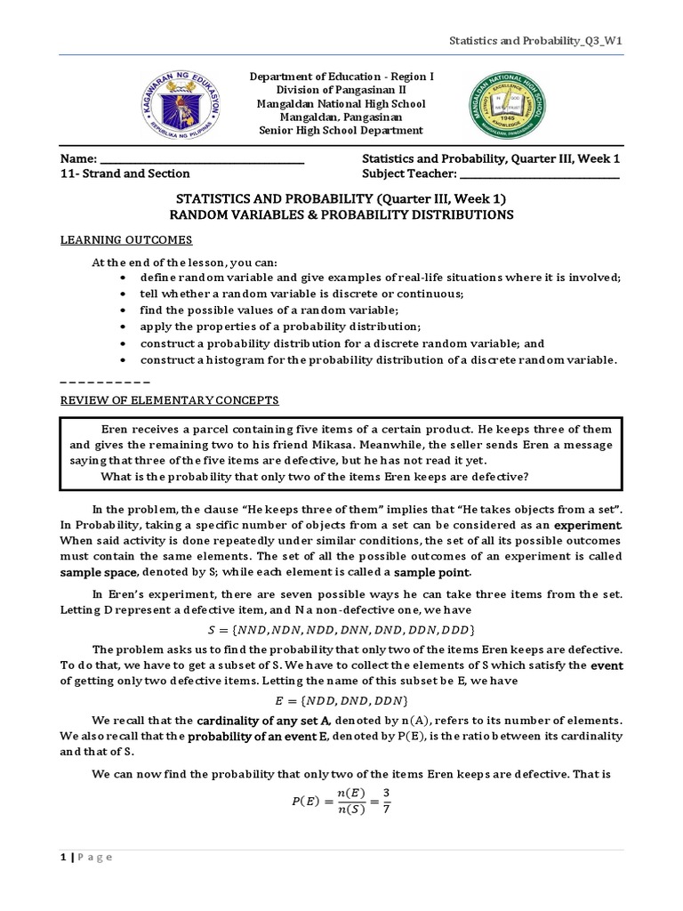 Statistics and Probability (Quarter Iii, Week 1) Random Variables & Probability Distributions ...