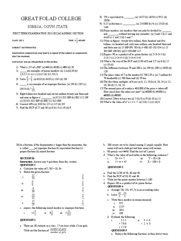 Jss 1 Exam Question | Download Free PDF | Mathematical Concepts ...