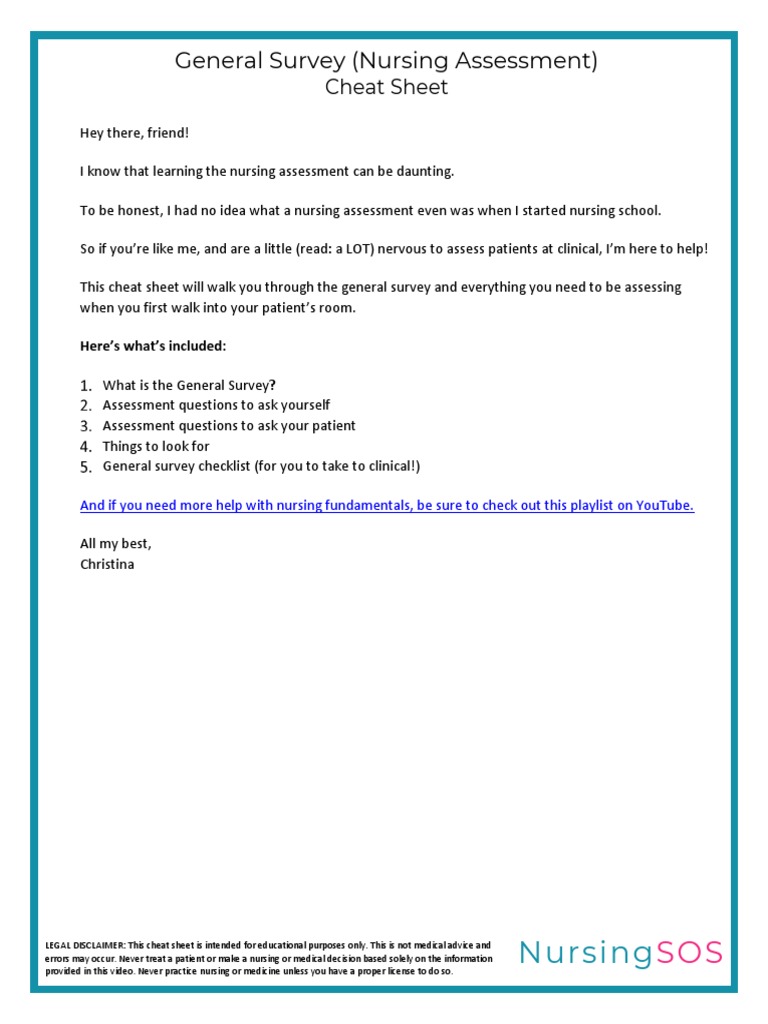 General Survey Nursing Assessment Cheat Sheet | PDF | Nursing | Pain