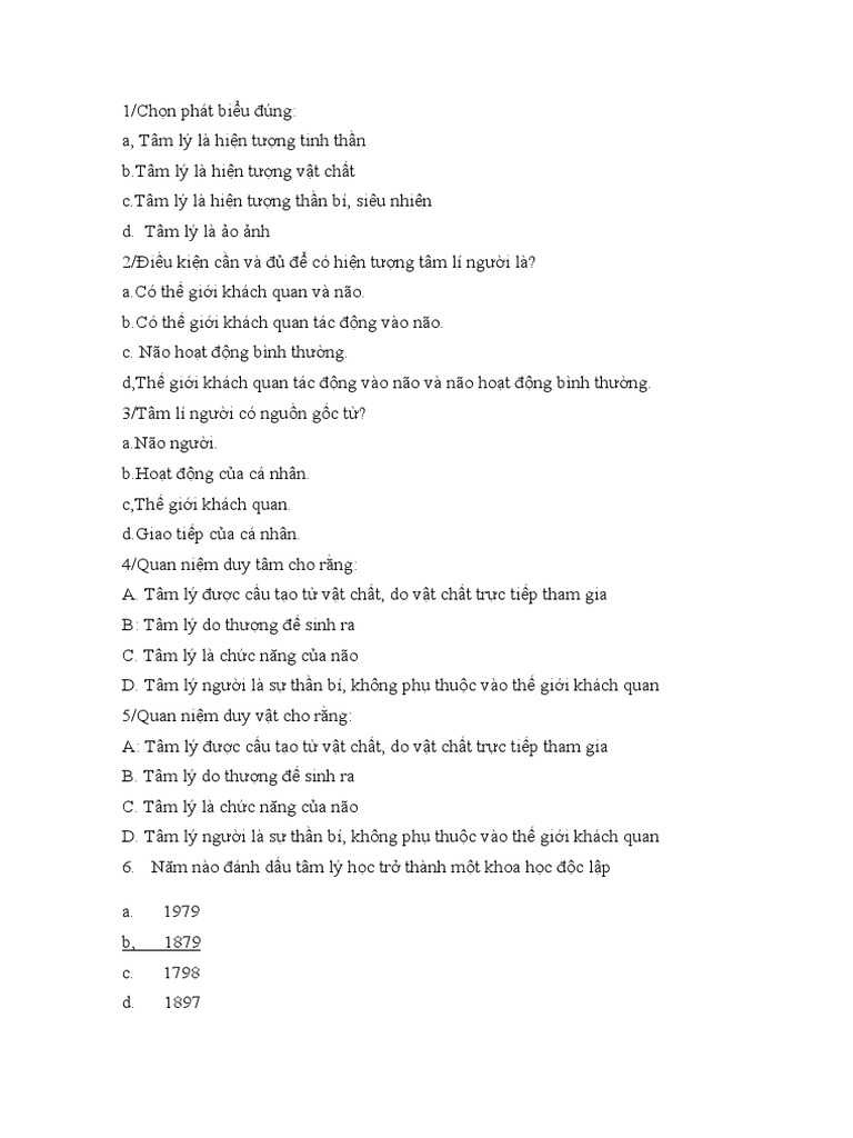 Tam Ly Hoc Dai Cuong Trac Nghiem | PDF