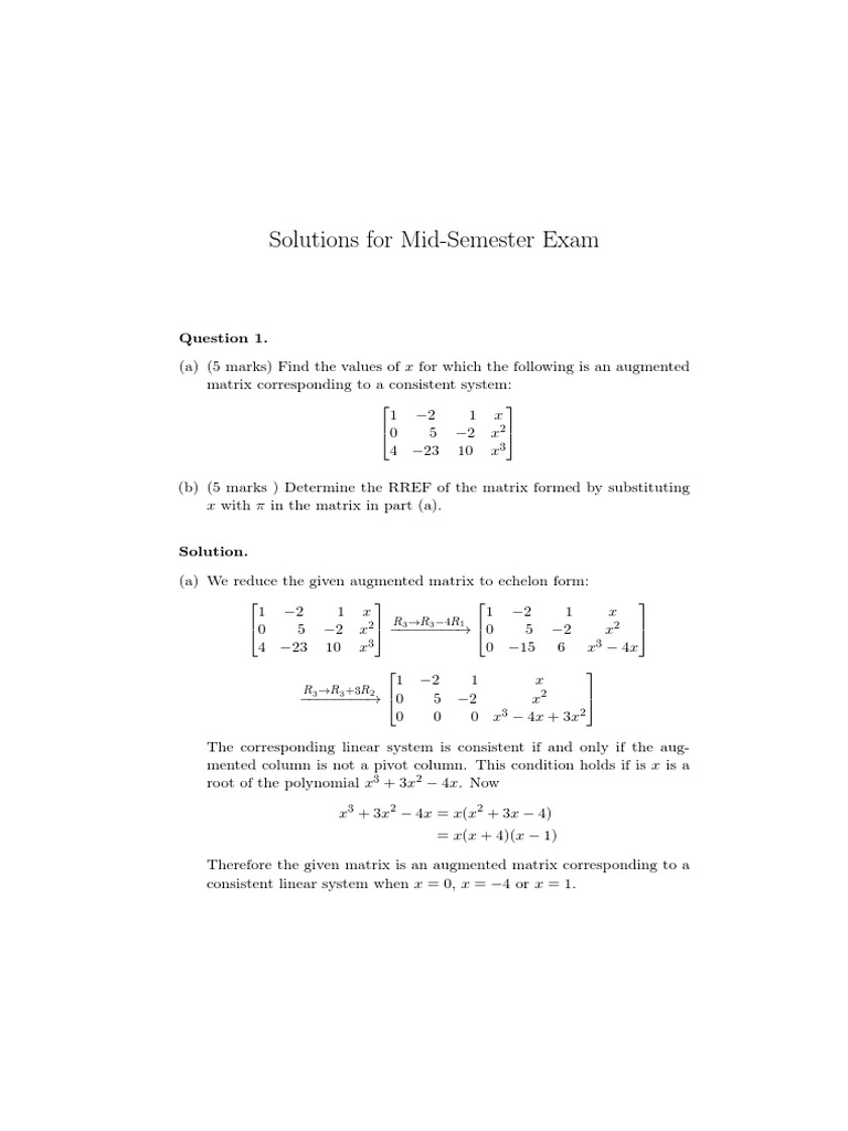 Solutions For Mid-Semester Exam | PDF | Matrix (Mathematics) | Linear Subspace
