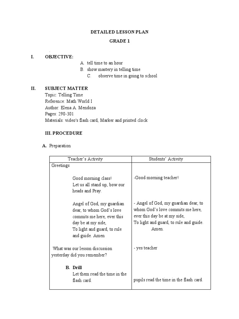 Detailed Lesson Plan Grade 1 I. Objective | PDF | Lesson Plan | Teachers
