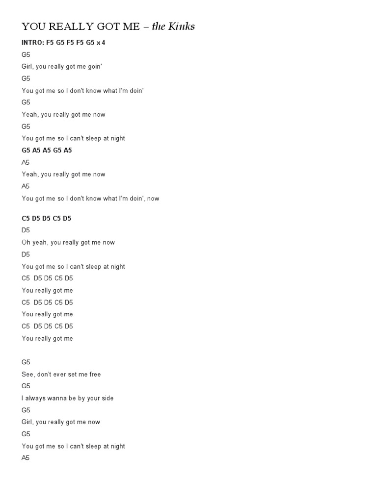 You Really Got Me - The Kinks: Intro: F5 G5 F5 F5 G5 X 4 | PDF
