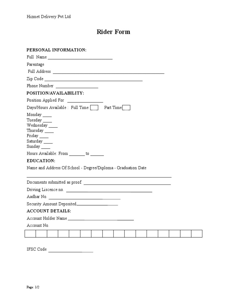 Hizmet Delivery Rider Form | PDF | Career & Growth