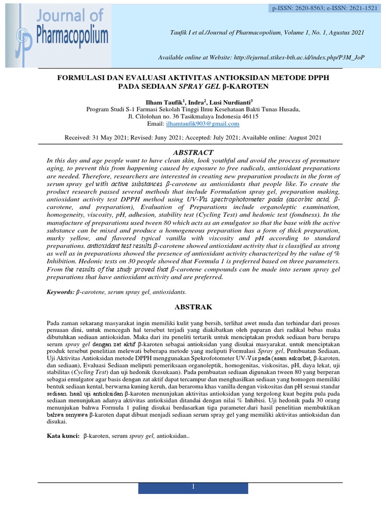 Formulasi Dan Evaluasi Aktivitas Antioksidan Metode Dpph Pada Sediaan ...