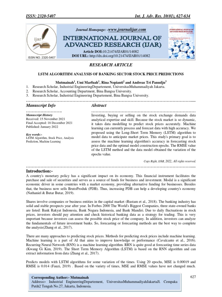 LSTM Algorithm Analysis of Banking Sector Stock Price Predictions | PDF ...