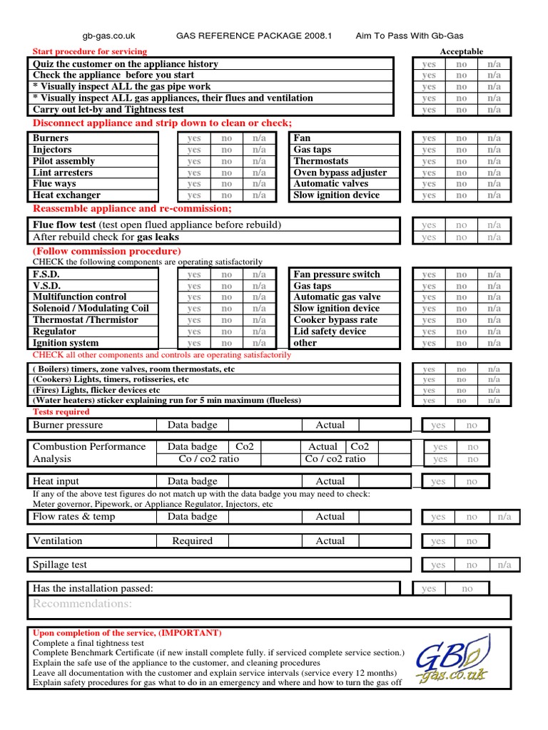 Gb-Gas Servicing Checklist | PDF | Thermostat | Combustion
