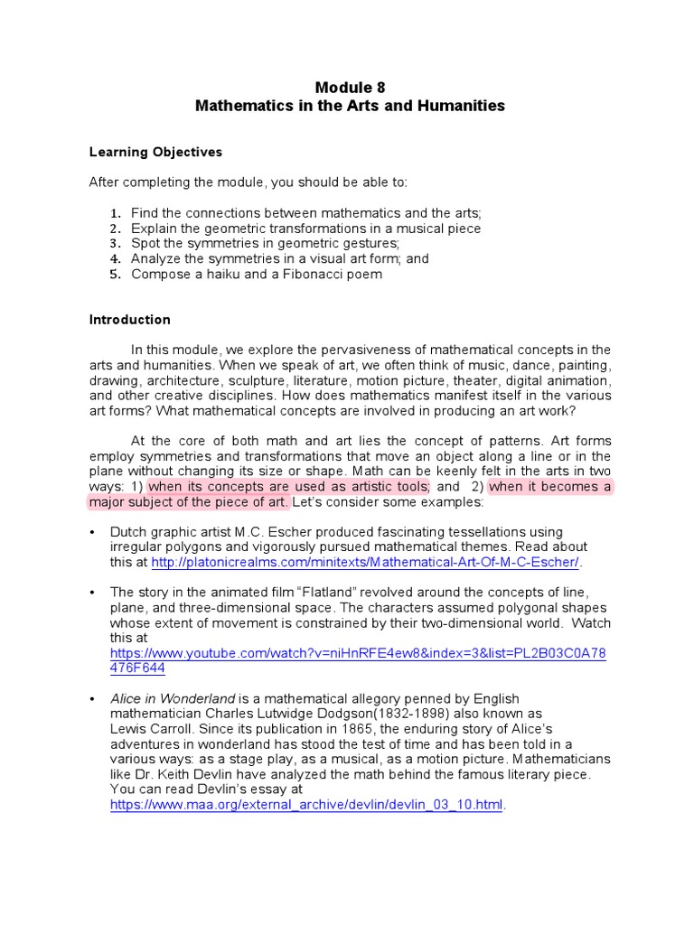 Math's Role in Art and Humanities | PDF | Dances | Mathematics