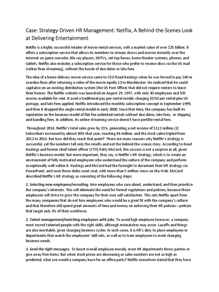 Case: Strategy-Driven HR Management: Netflix, A Behind-the-Scenes Look ...