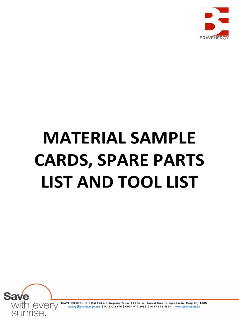 Material Sample Cards, Spare Parts List and Tool List | PDF