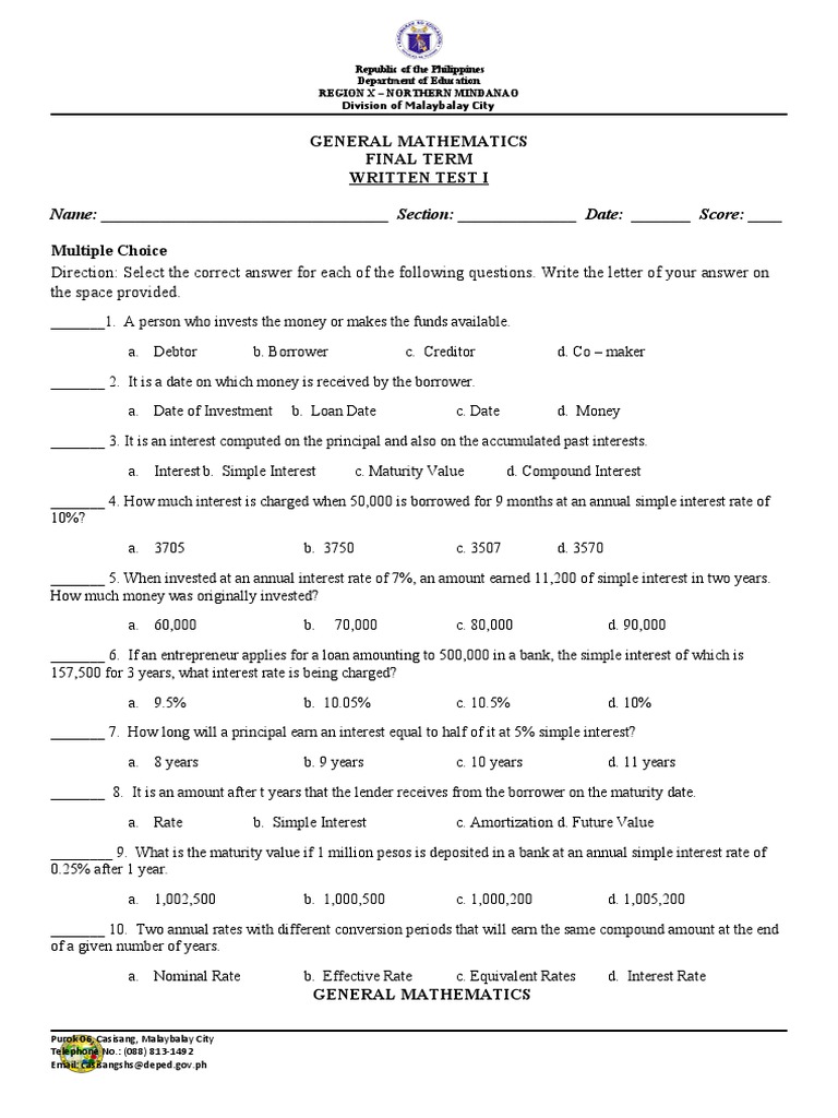 General Mathematics Final Term Written Test I | PDF | Interest | Loans