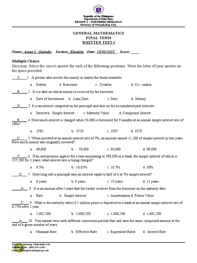 General Mathematics Final Term Written Test I | PDF | Interest | Loans