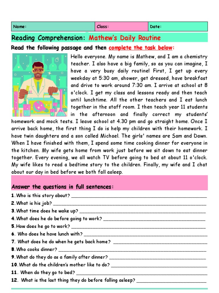 Reading Comprehension:: Mathew's Daily Routine | PDF | Lunch | Reading ...