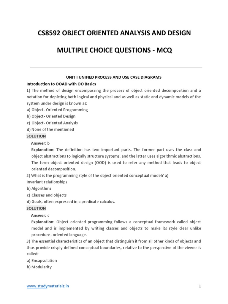 Ooad Mcq Pdf Use Case Class Computer Programming
