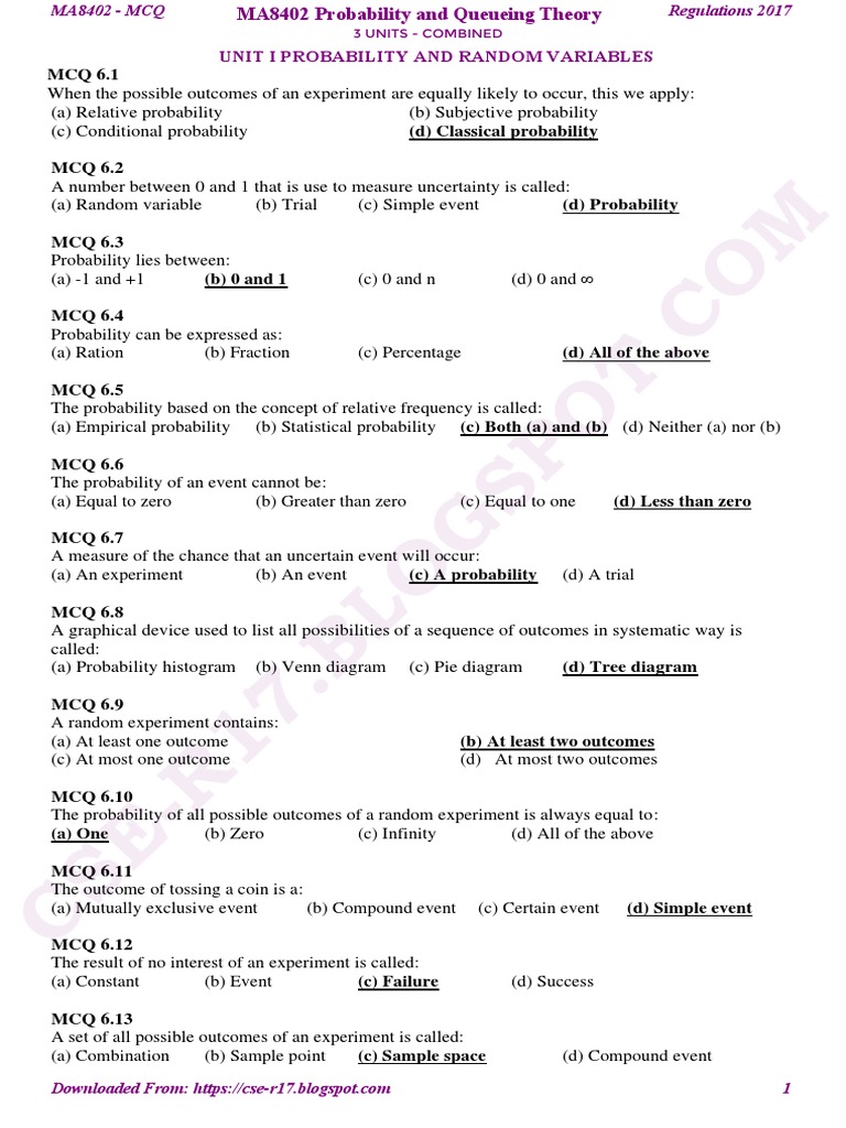 Probability & Random Variables MCQs | PDF | Probability Distribution ...