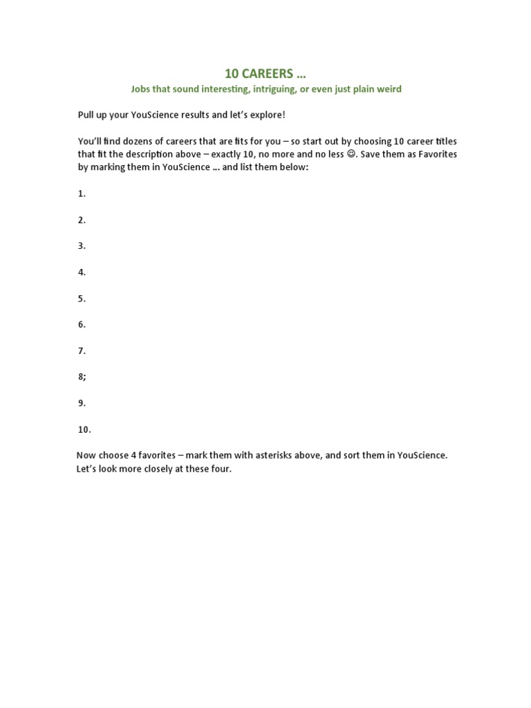 10 CAREERS Worksheet - YouScience | PDF | Salary