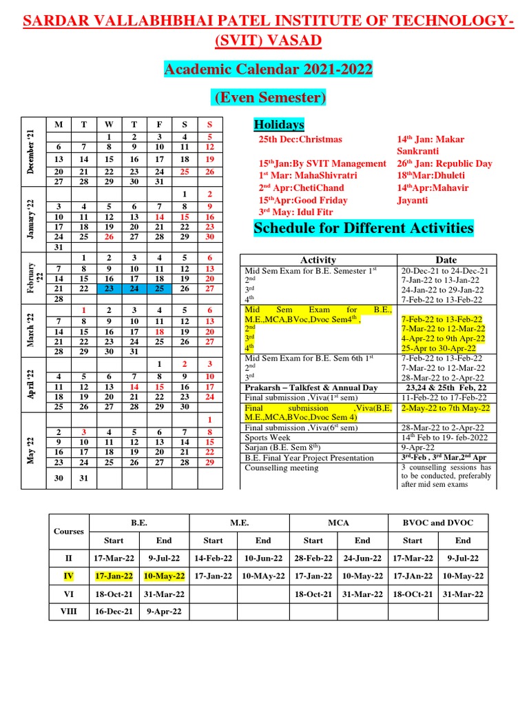Academic Calendar 2021-2022 (Even Semester) : Sardar Vallabhbhai Patel ...