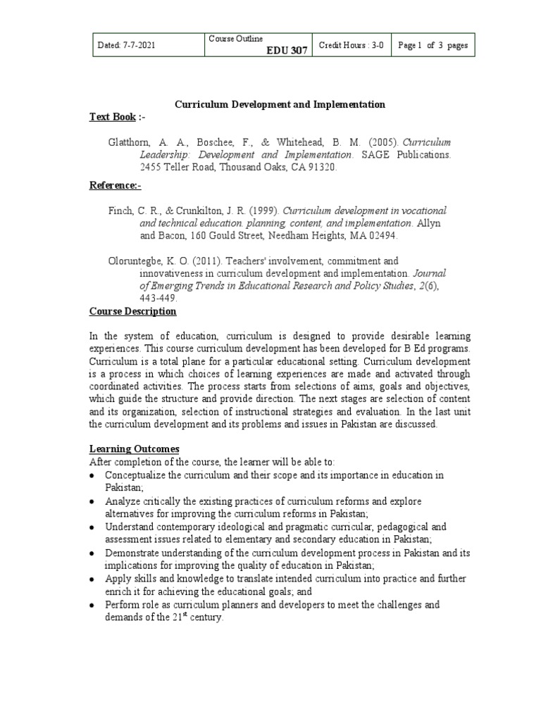 Curriculum Development and Implementation EDU 307 | PDF | Curriculum | Educational Assessment