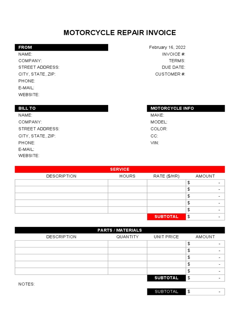 Motorcycle Repair Invoice Template | PDF