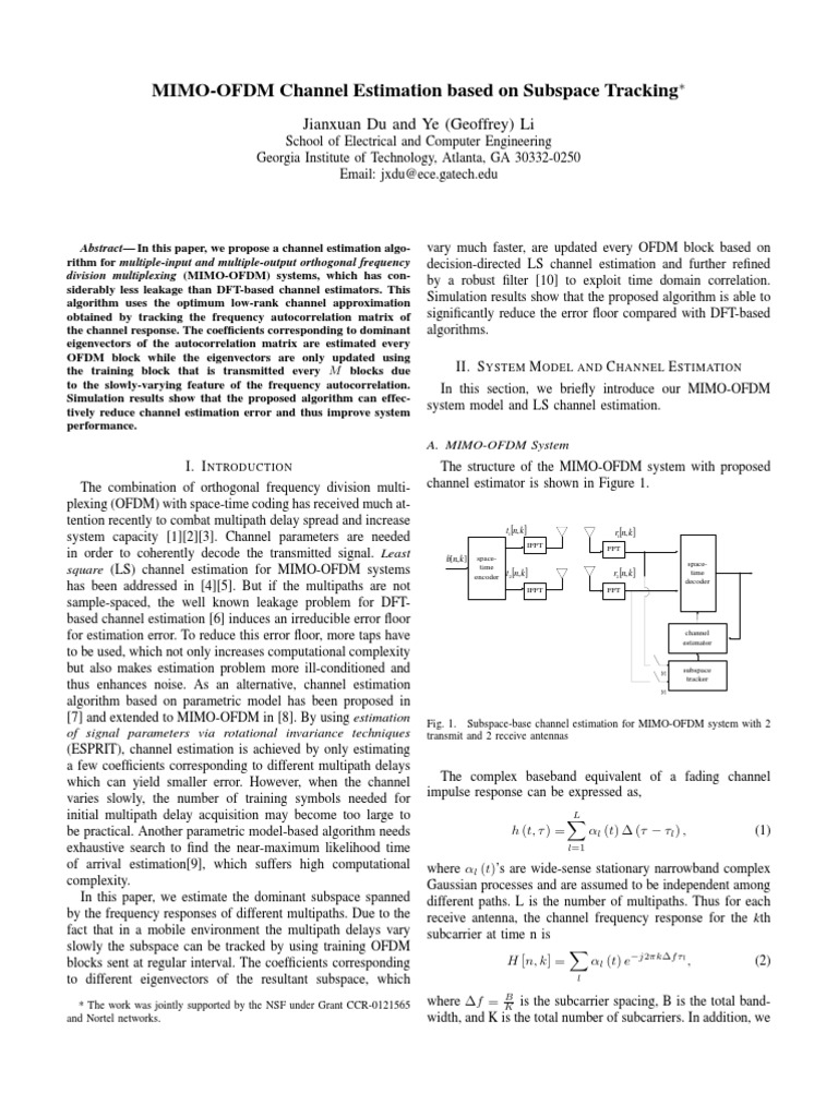 MIMO-OFDM Channel Estimation Based On Subspace Tracking: Jianxuan Du and Ye (Geoffrey) Li | PDF ...