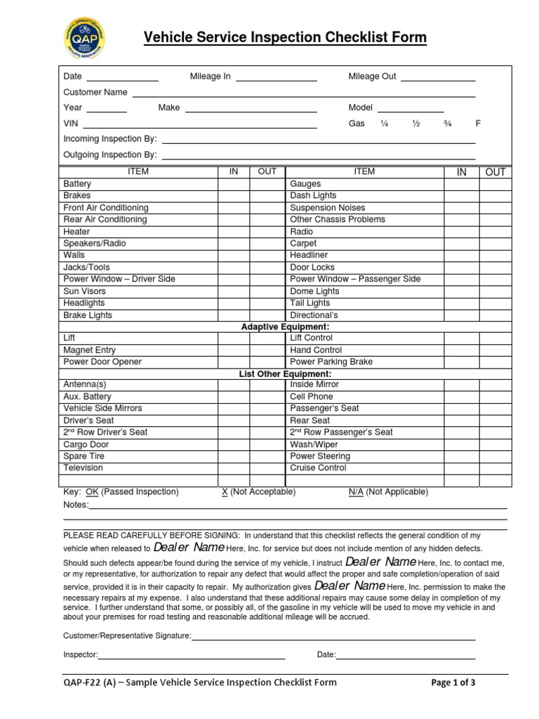 Vehicle Inspection Checklist Template | PDF | Vehicles | Car Body Styles