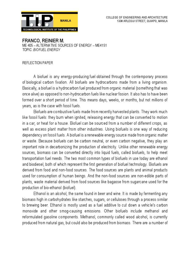 Reflection Paper - Biofuel Energy | PDF | Biofuel | Biodiesel