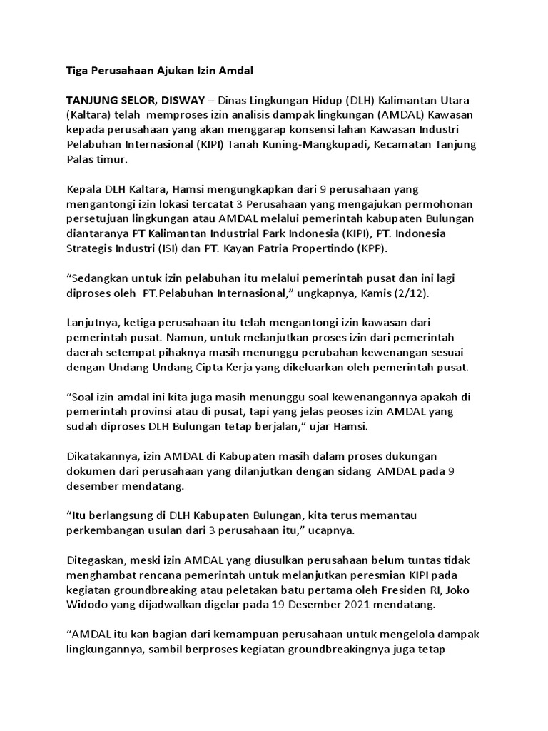 Tiga Perusahaan Ajukan Permohonan Izin AMDAL untuk Kawasan Industri di ...